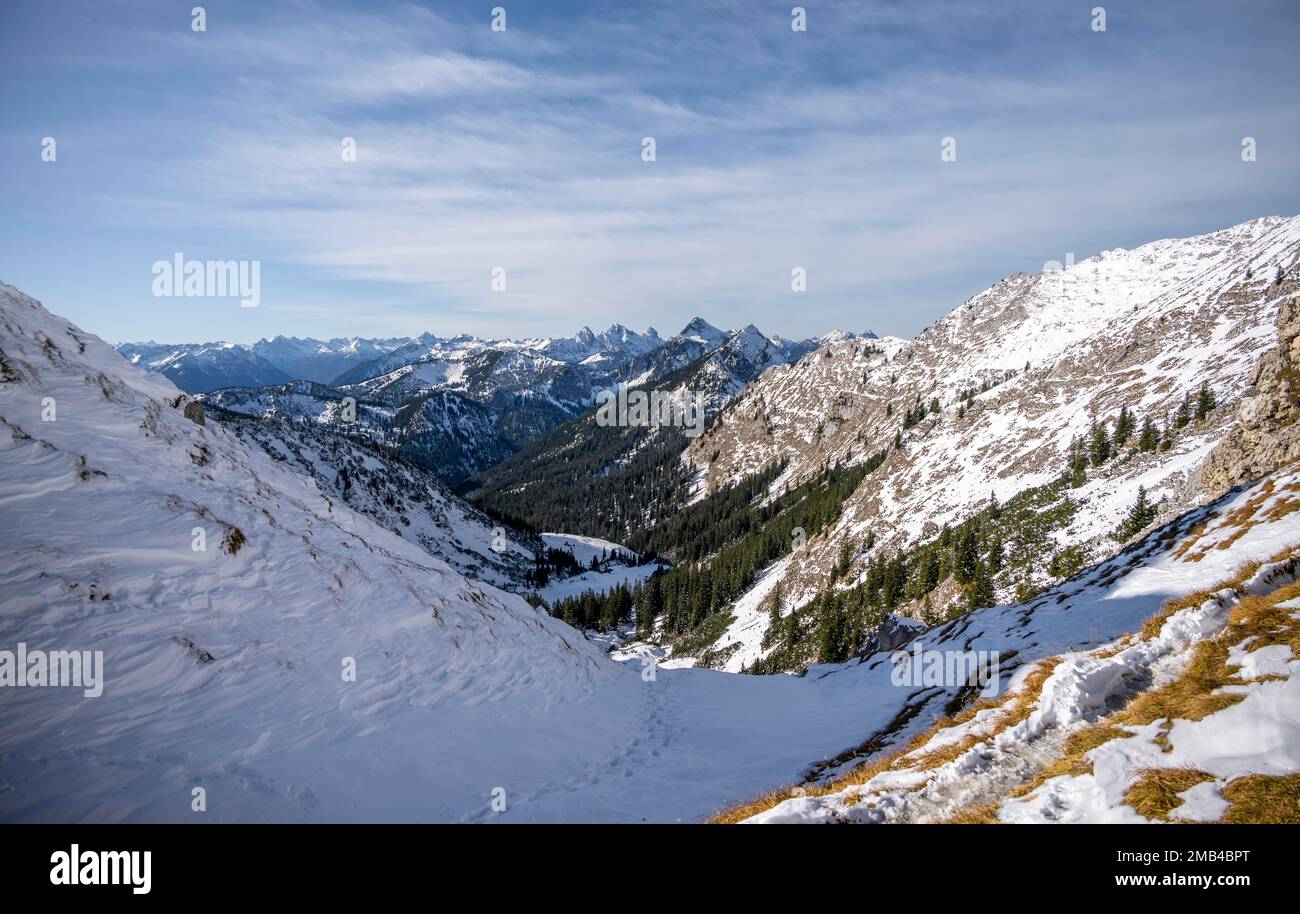 Lonely mountain valley, view of Tannheimer Berge with Gimpel and Rote ...