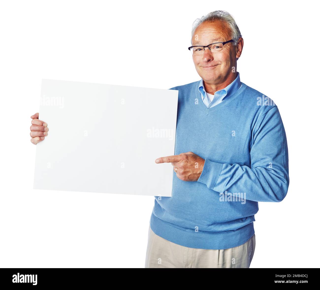 Poster mockup, studio portrait or old man point at marketing placard ...