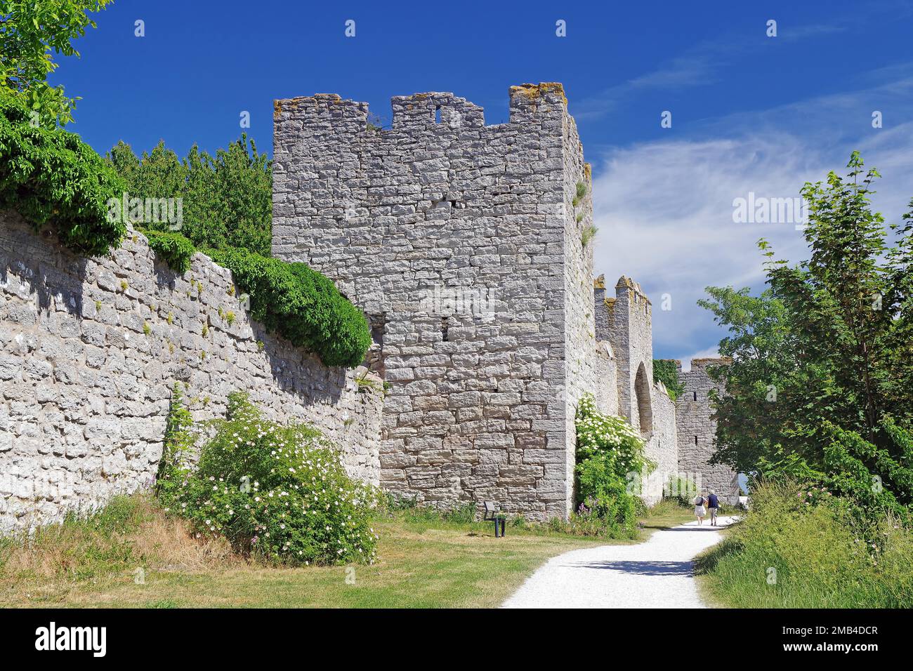 Medieval city walls and towers, footpath, Baltic Sea, Visby, Gotland ...