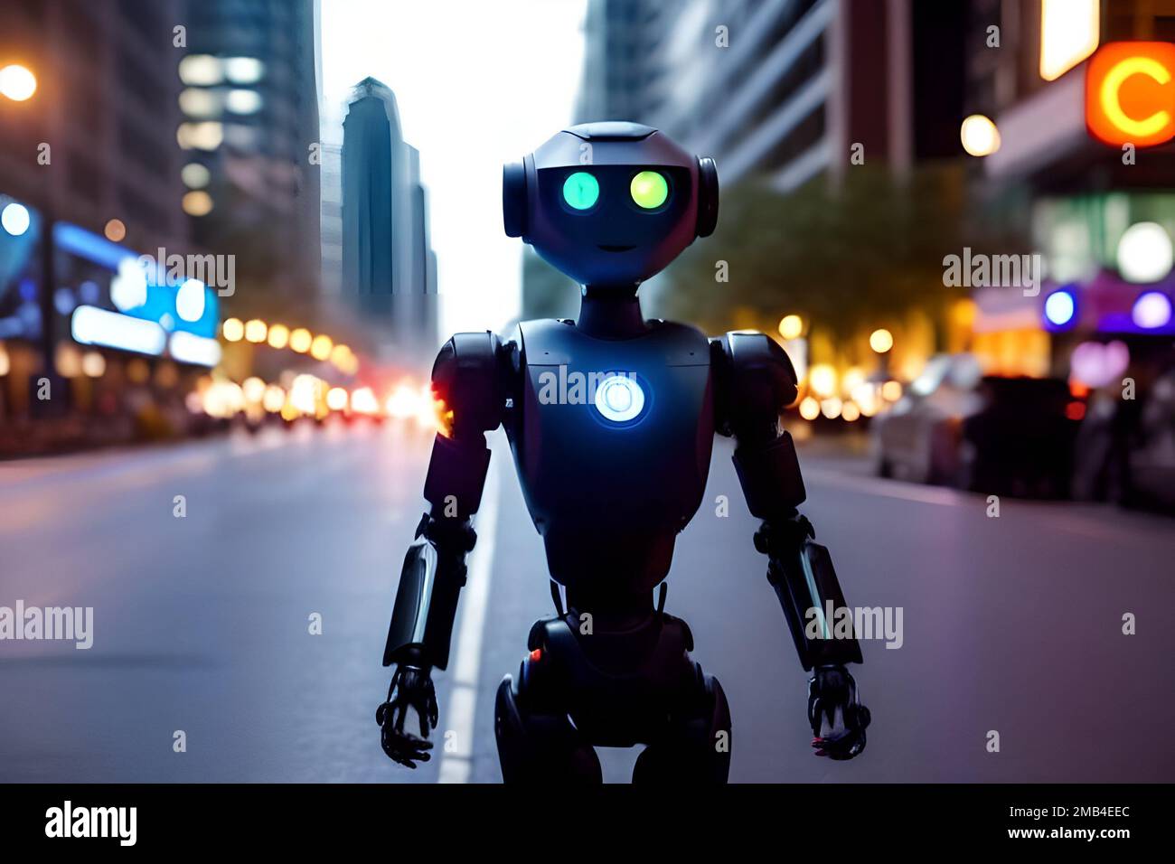 A humanoid robot walks around the city at night Stock Photo - Alamy