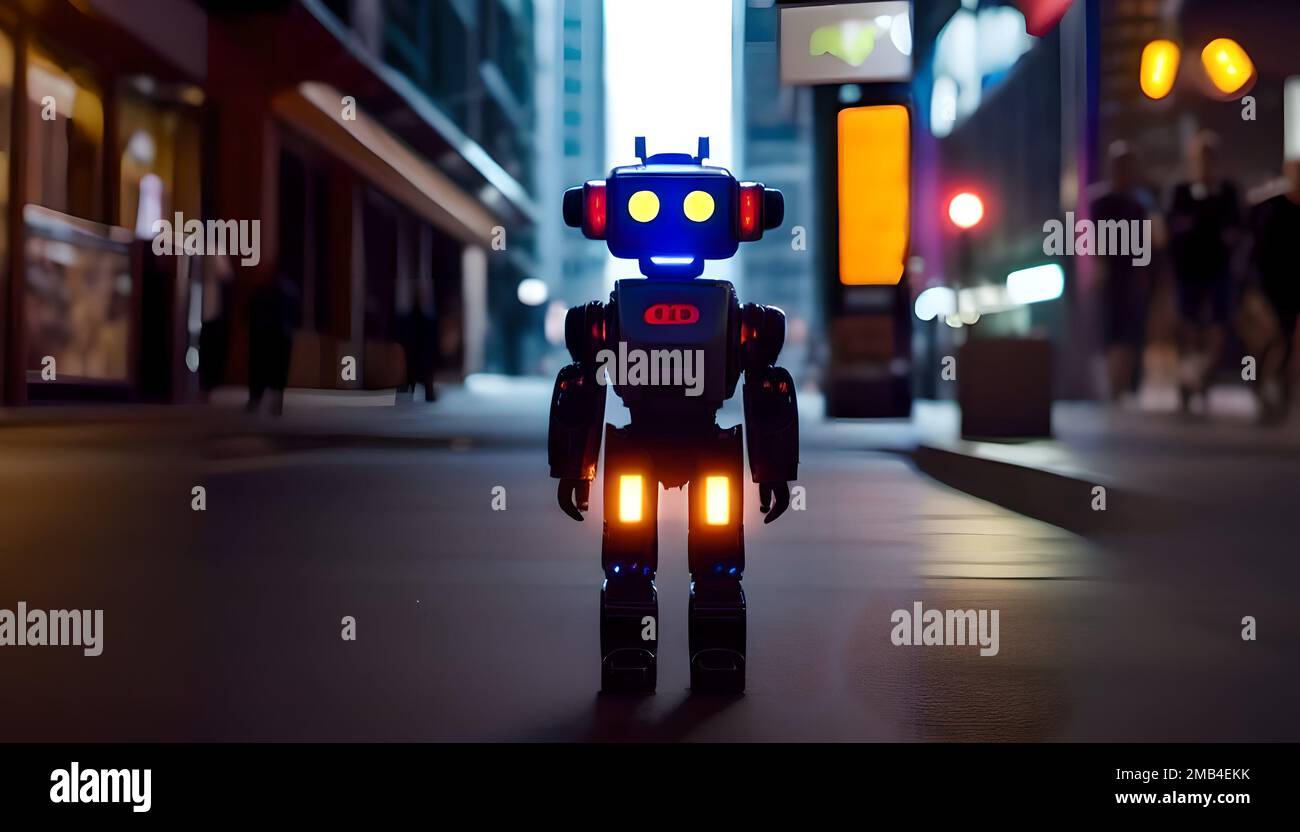 A humanoid robot walks around the city at night Stock Photo - Alamy