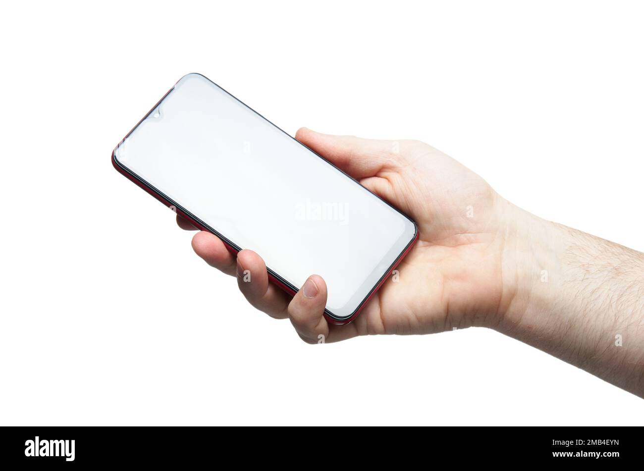 Close-up of smartphone in hands isolated on white background with ...