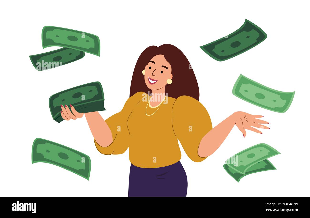 Wealth, abundance concept. Happy rich woman spending, wasting money ...