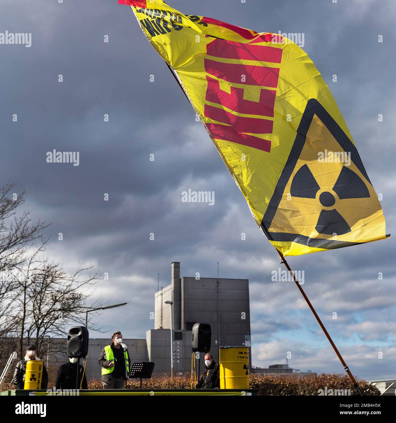 Banner with sign for radioactivity and the word No, demonstration in ...