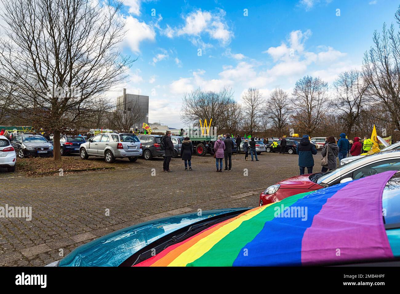 Car demonstration on car park in front of former nuclear power plant ...
