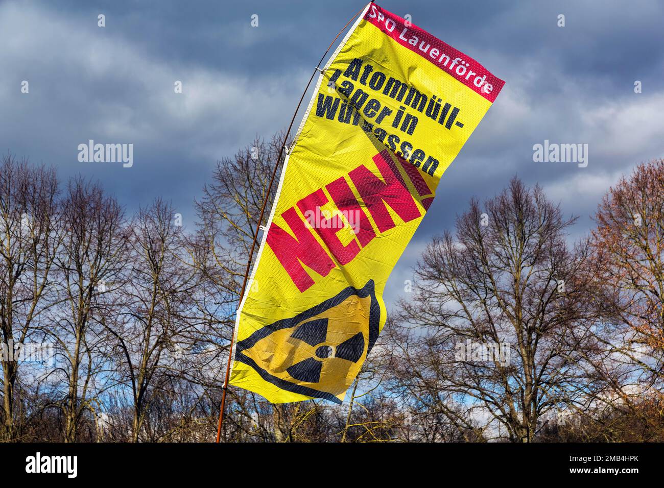 SPD banner with sign for radioactivity and the word No, demonstration ...