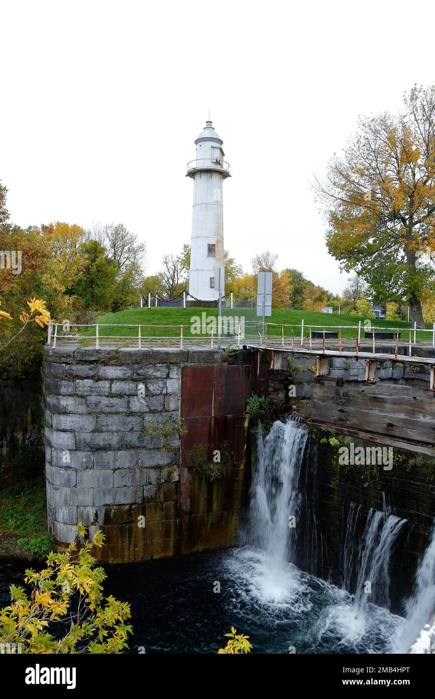 Waterway, old locks in the Canal de Soulanges, Province of Quebec ...