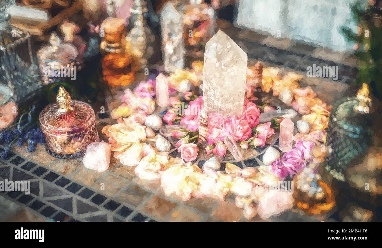beautiful altar with crystals and rose flowers. Painting effect Stock ...