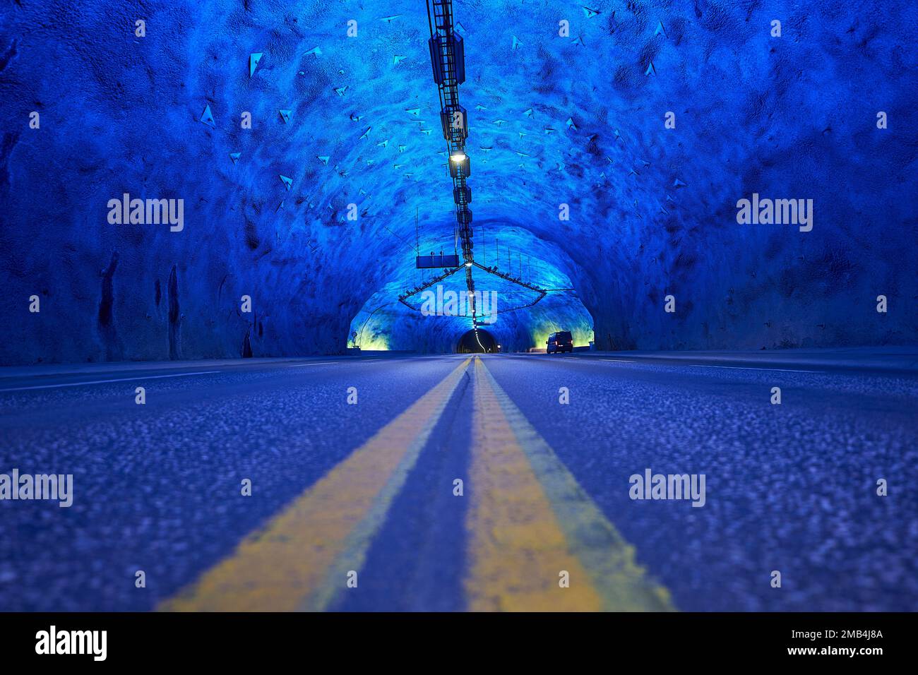 blue light of the interior of the underground Laerdal tunnel, the ...