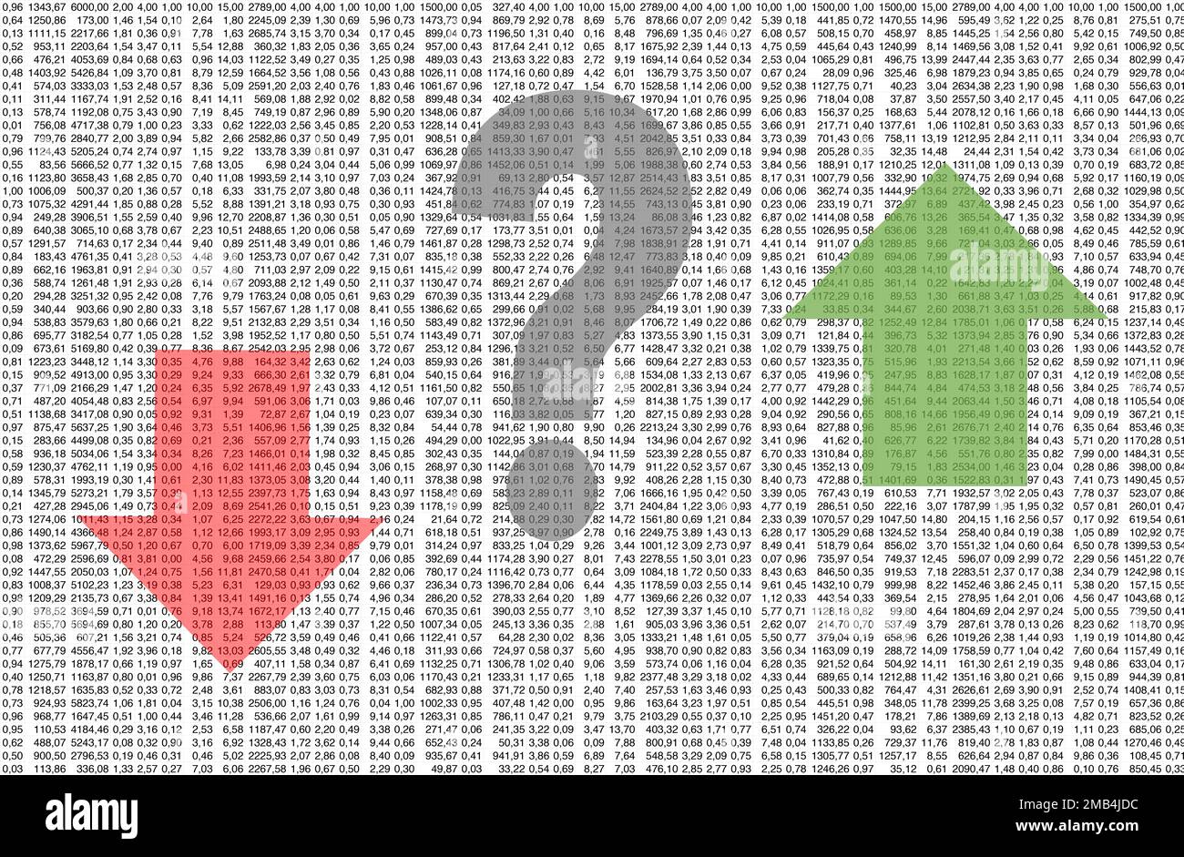 Complex data spreadsheet with green and red arrows and a questionmark ...