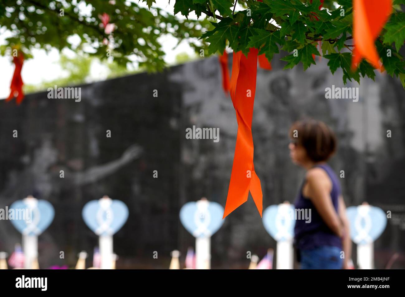 Gun control ribbons hang on trees at a memorial to the seven people ...
