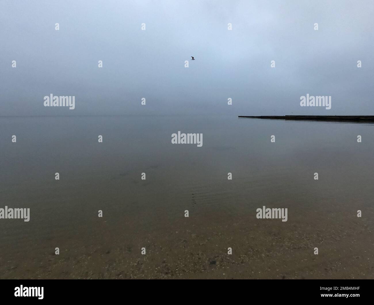Sandy beach on calm sea. Calm sea cloudy weather. Smooth waveless sea ...