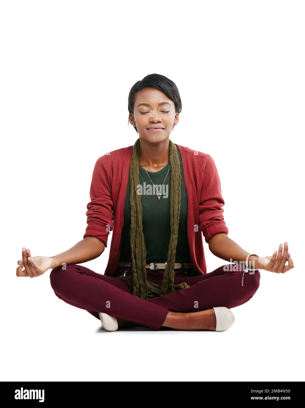 Black woman, sitting and hands in meditation, zen mindset training and ...