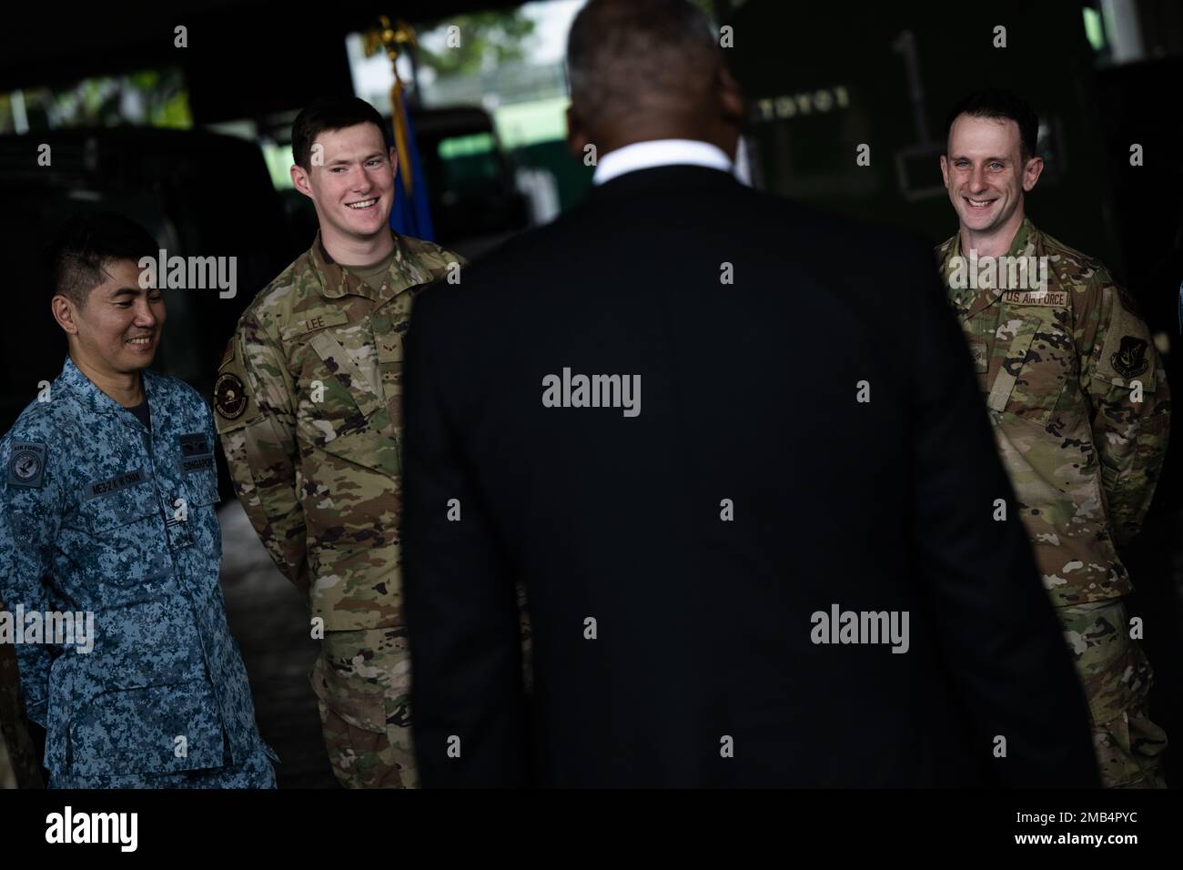 Secretary of Defense Lloyd J. Austin III speaks with U.S. Air Force and ...