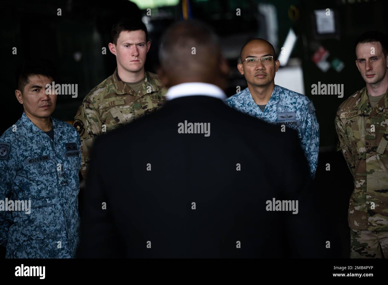 Secretary of Defense Lloyd J. Austin III speaks with U.S. Air Force and ...