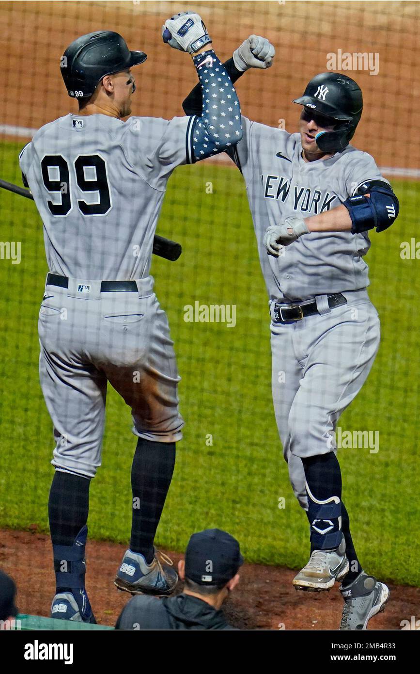 New York Yankees' Kyle Higashioka, right, celebrates with Aaron Judge ...