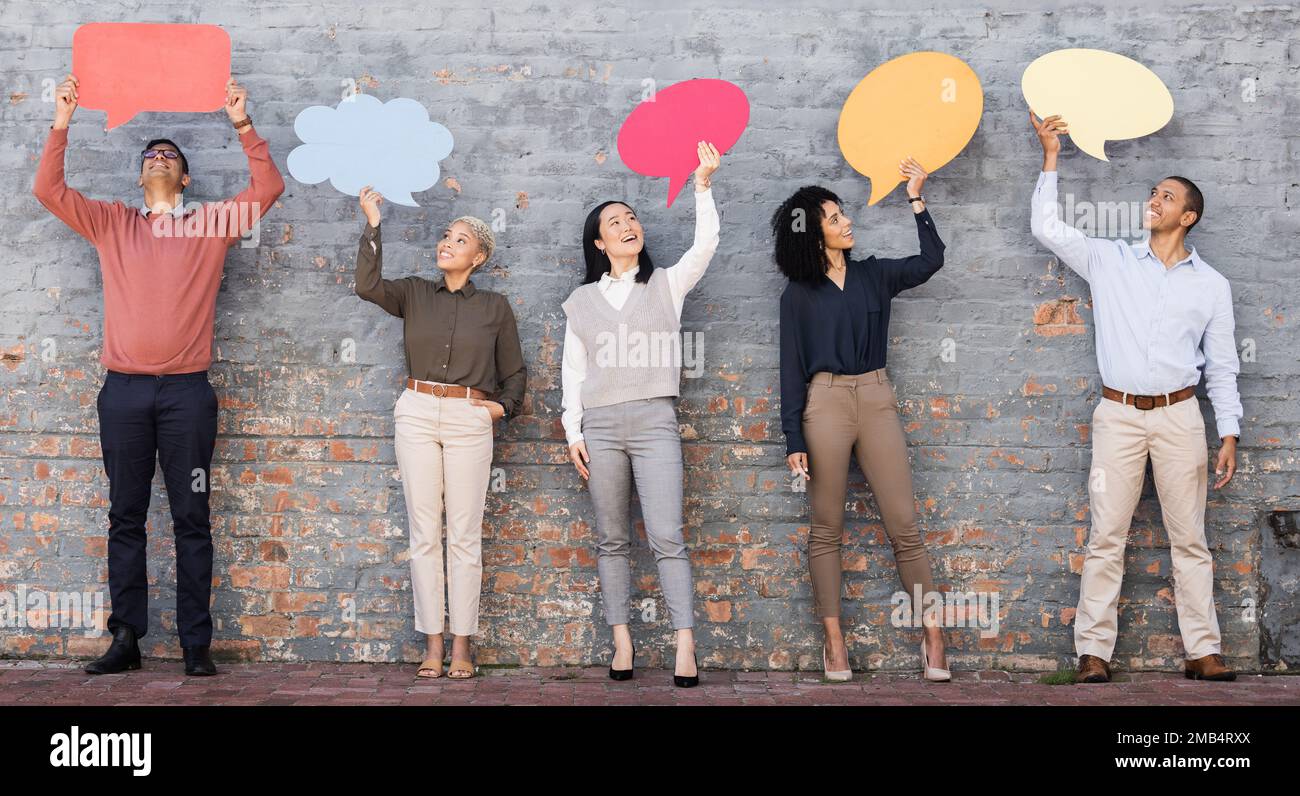 Speech bubble, feedback and question with business people and mockup ...