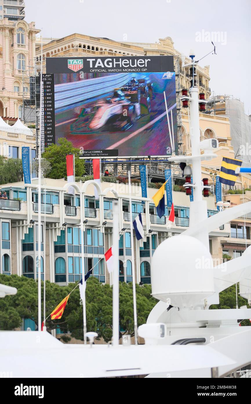 Large screen with broadcast of the race over the Port Hercule, Formula ...