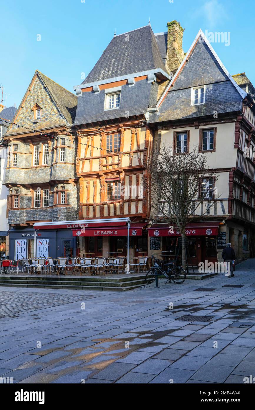 Half-timbered houses clad in slate on the Place du General Leclerc, old ...