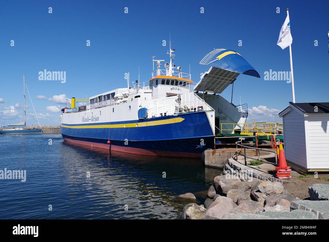 Small car ferry with open hatch in harbour, Oeland, Sweden Stock Photo ...