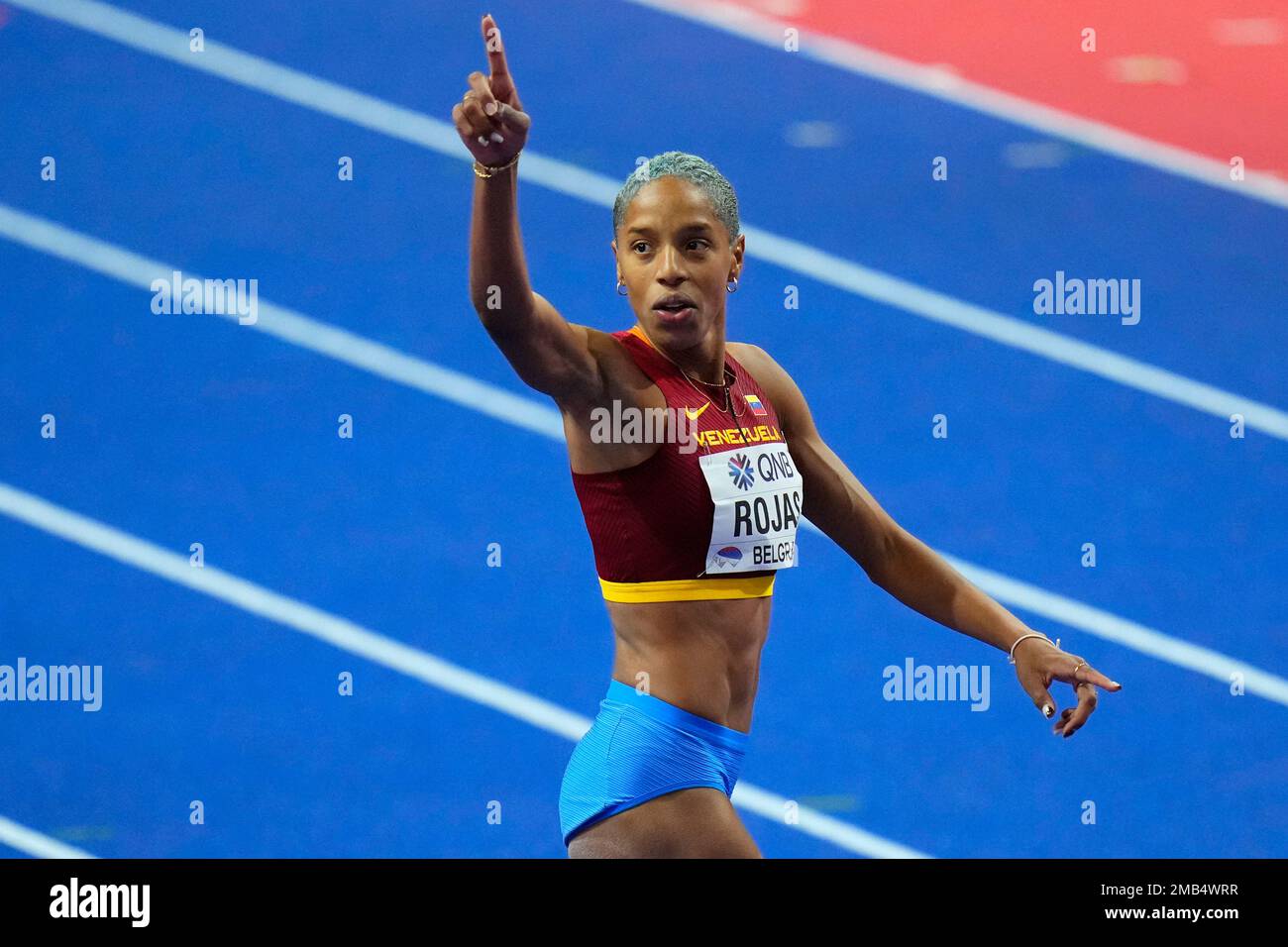 FILE - Yulimar Rojas, of Venezuela, reacts after setting a new world ...