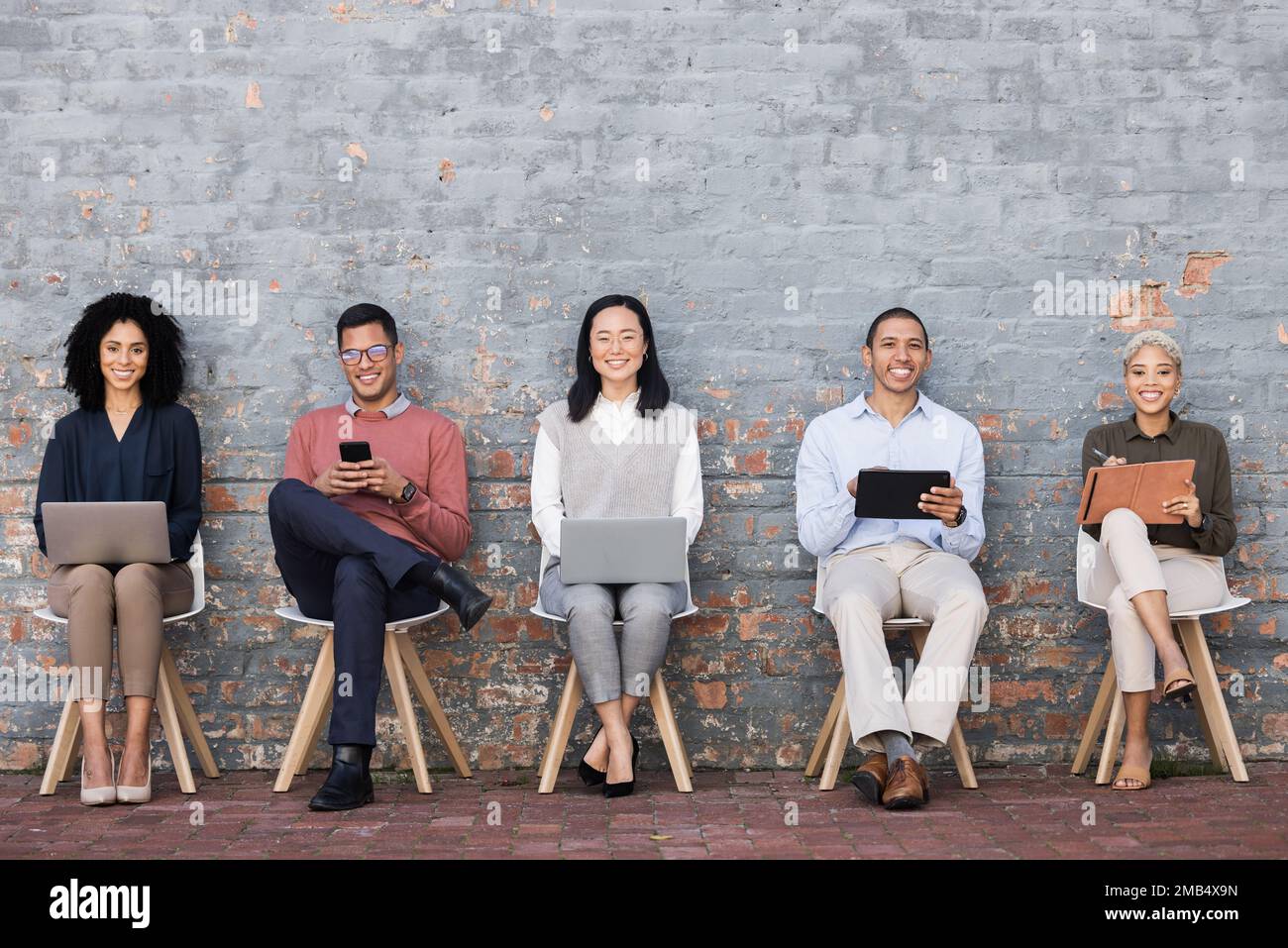 Diversity, Interview and relax business people line with technology for ...