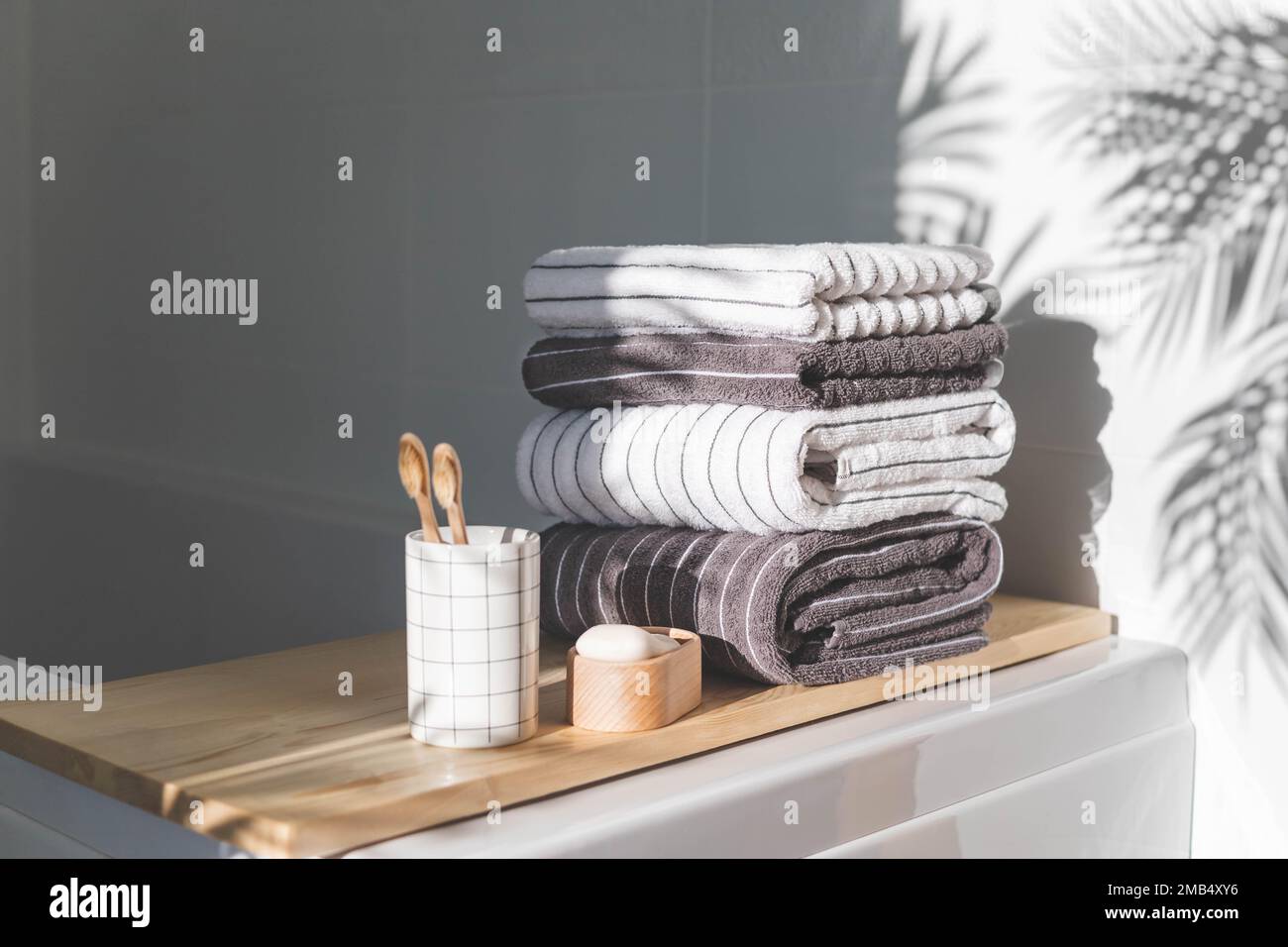 Bath spa soap towels pile soft textile cotton washcloth on wooden ...