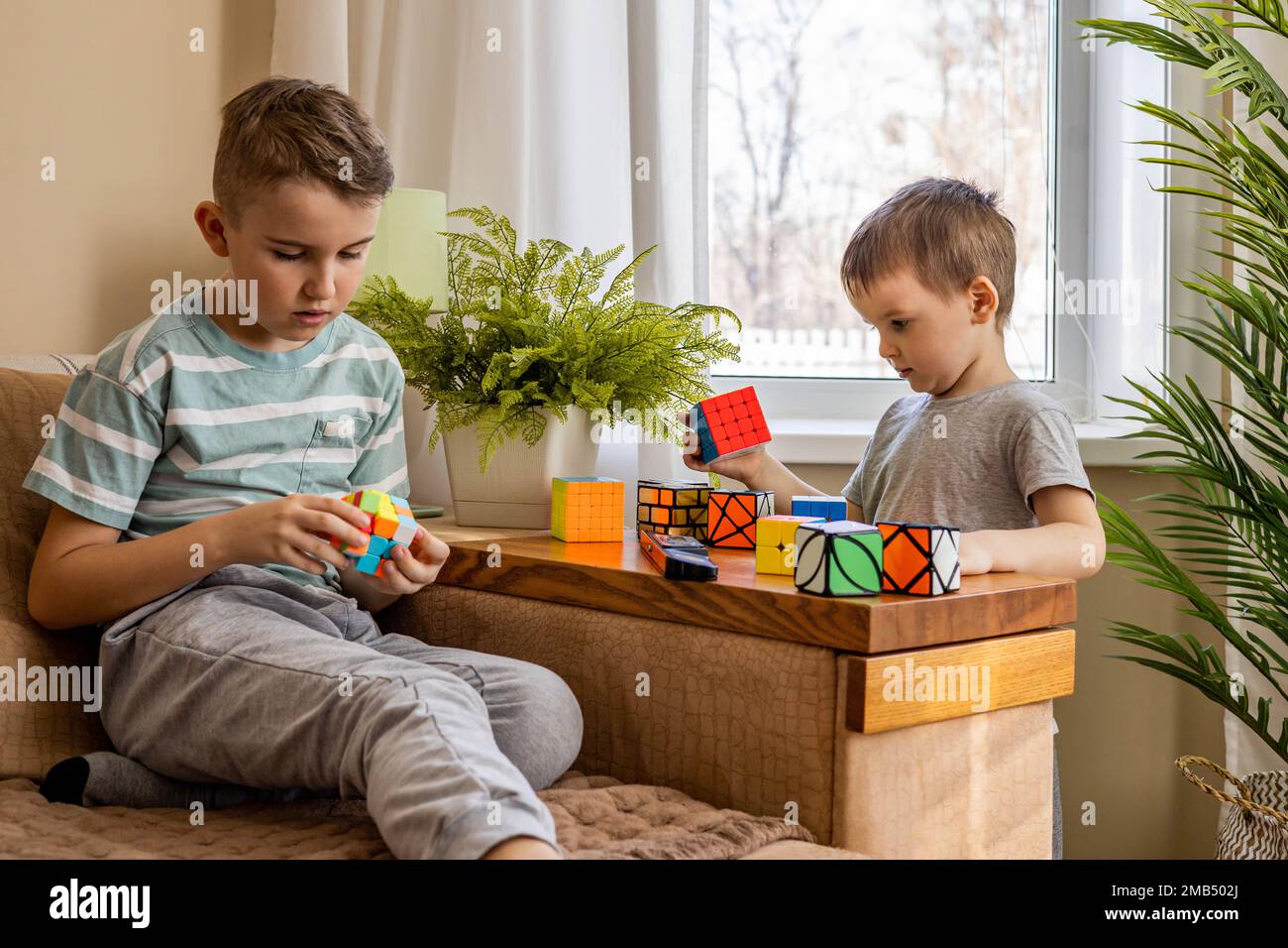 Khabarovsk, Russia, February 18, 2022. Two male kids brothers ...
