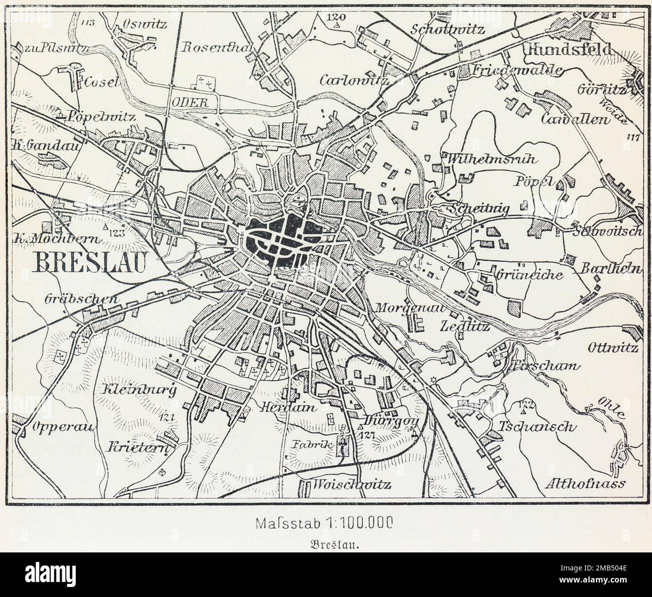 100.000, city, river Oder, map, cartography, railway lines, countryside ...