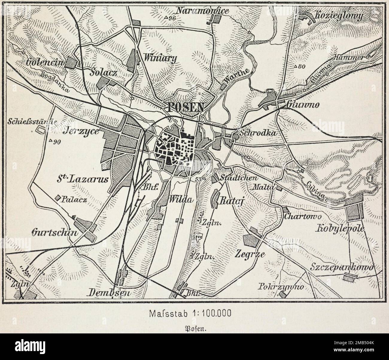 100.000, city, map, cartography, railway lines, countryside, historical ...