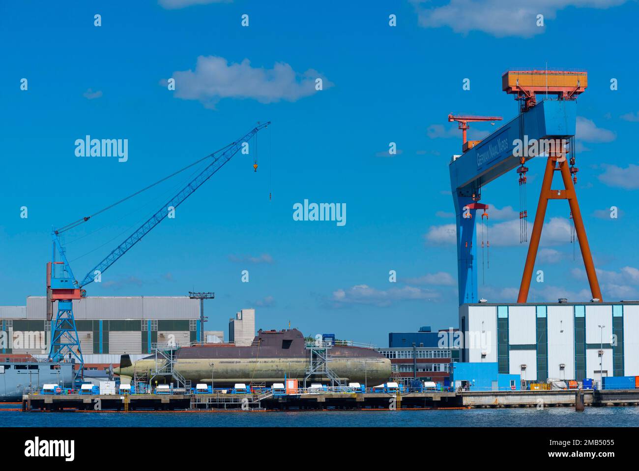 Shipyard German Naval Yards, crane, submarine in dry dock, Kiel Week ...