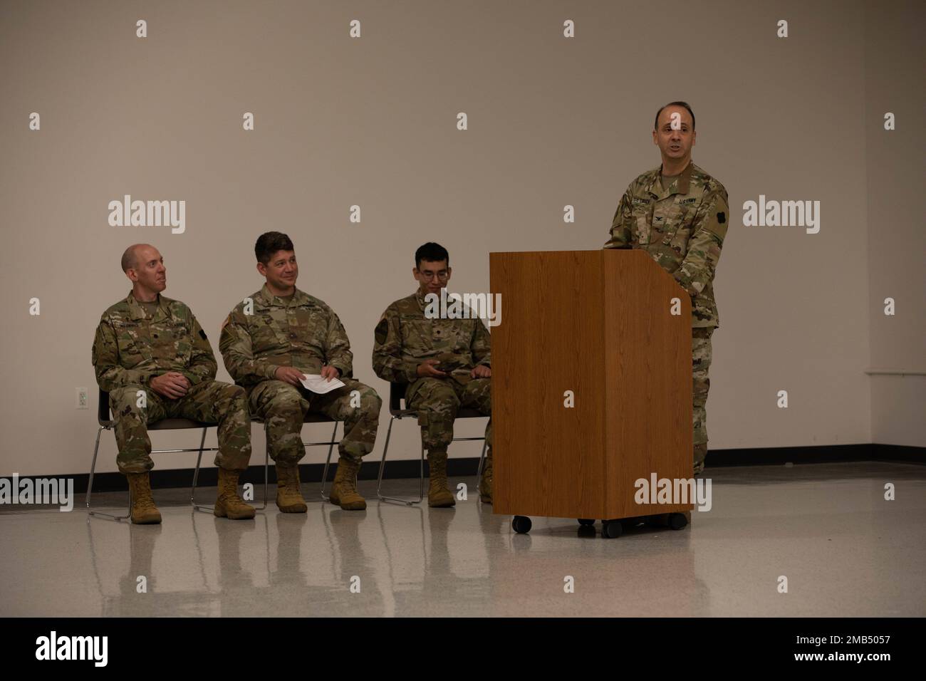 U.S. Army Reserve Col. Adam Dietrich speaks at a change of command ...
