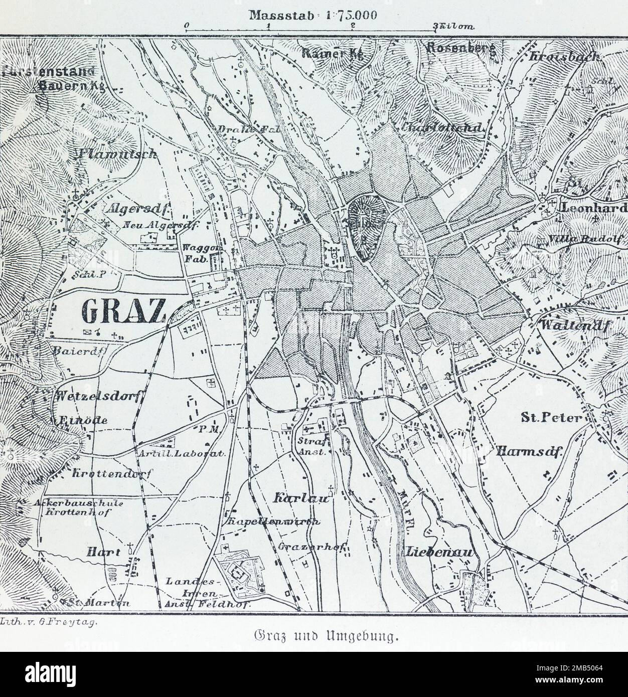 City of Graz, city map and surroundings, scale 1:75.000, districts ...