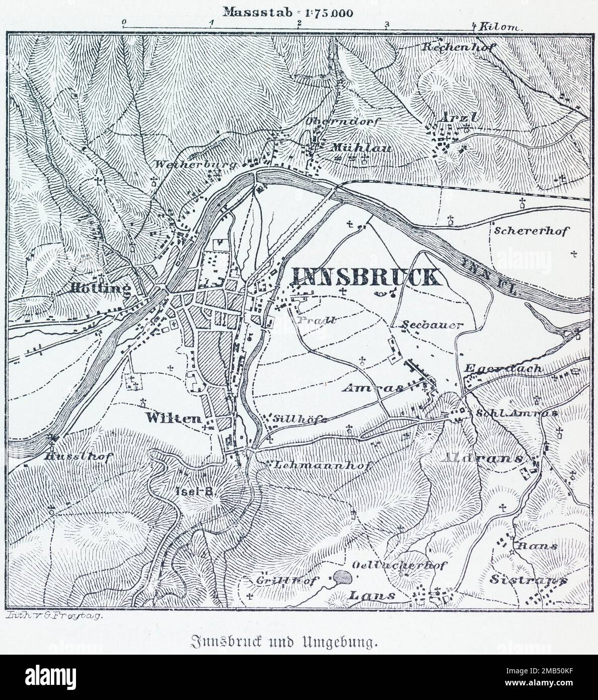 City of Innsbruck, city map and surroundings, scale 1:75.000, districts ...