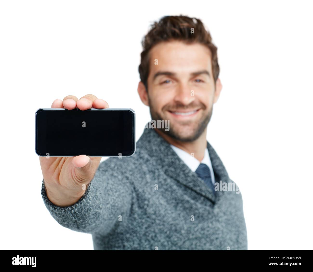 Happy, portrait or business man with phone screen for internet research ...