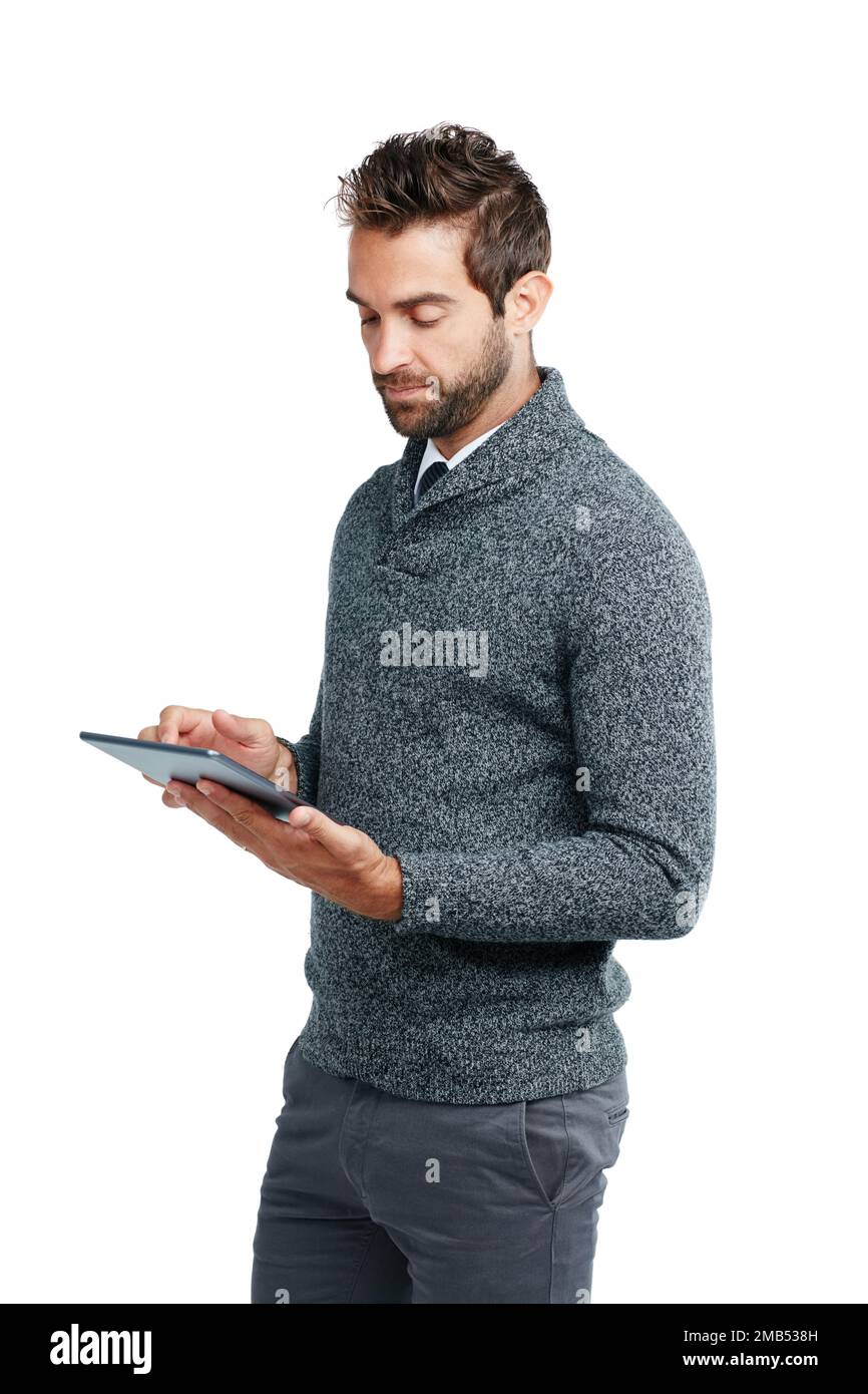 Serious, business man on tablet for research, social media content or ...