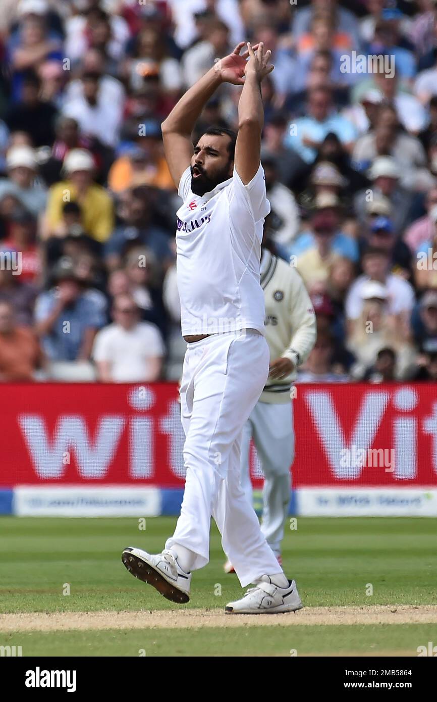 India's Mohammed Shami reacts after bowling a delivery during the ...