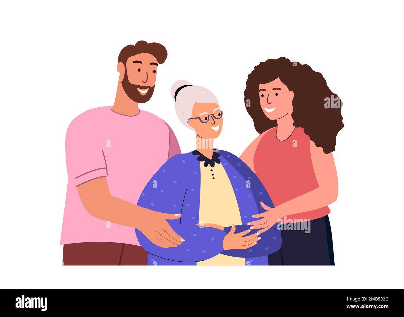 Happy adult children hugging old mother feeling love to each other ...