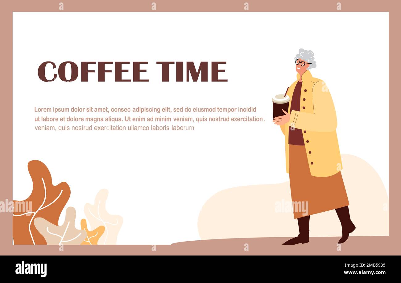 Old Woman in Modern Yellow Coat Drinking Coffe Template.Stylish Retired ...