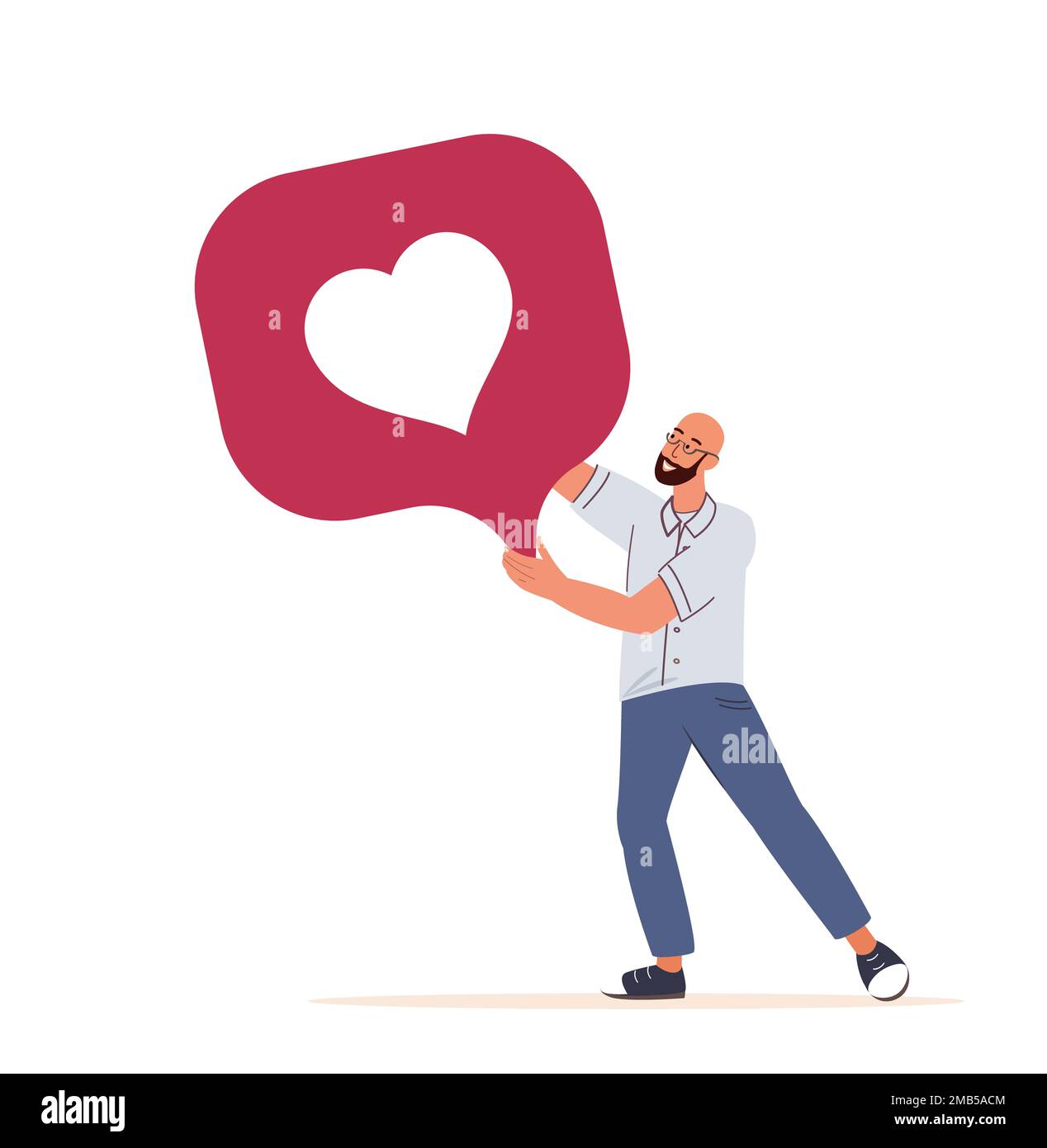 Tiny young strong man carry giant heart button.Like buttons image ...