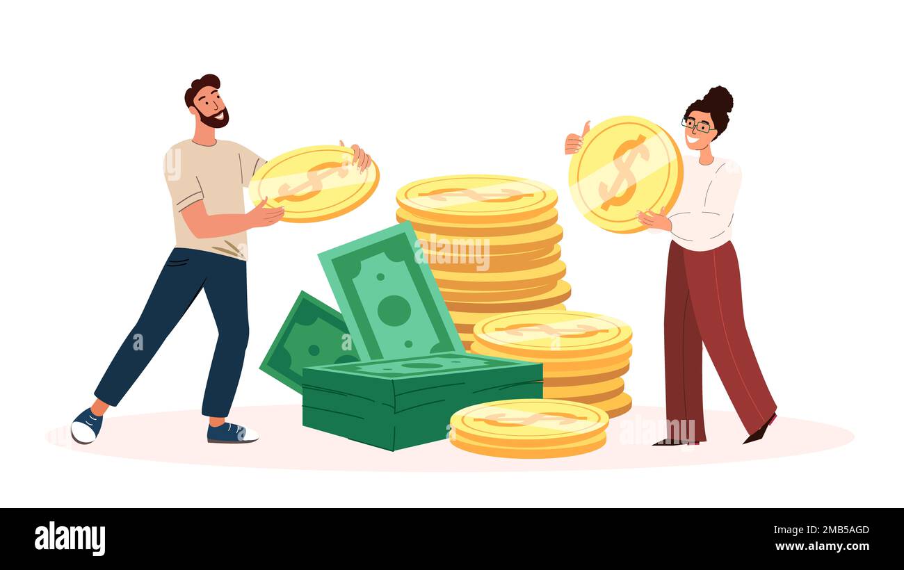 Male,Female Characters Stand on Huge Pile of Gold Coins and Money Cash ...