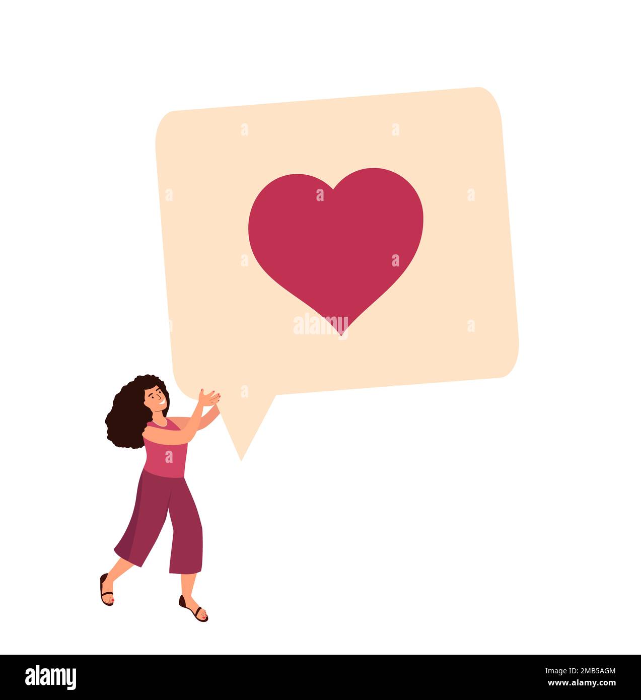 Tiny young confident woman carry giant heart button.Like buttons image ...