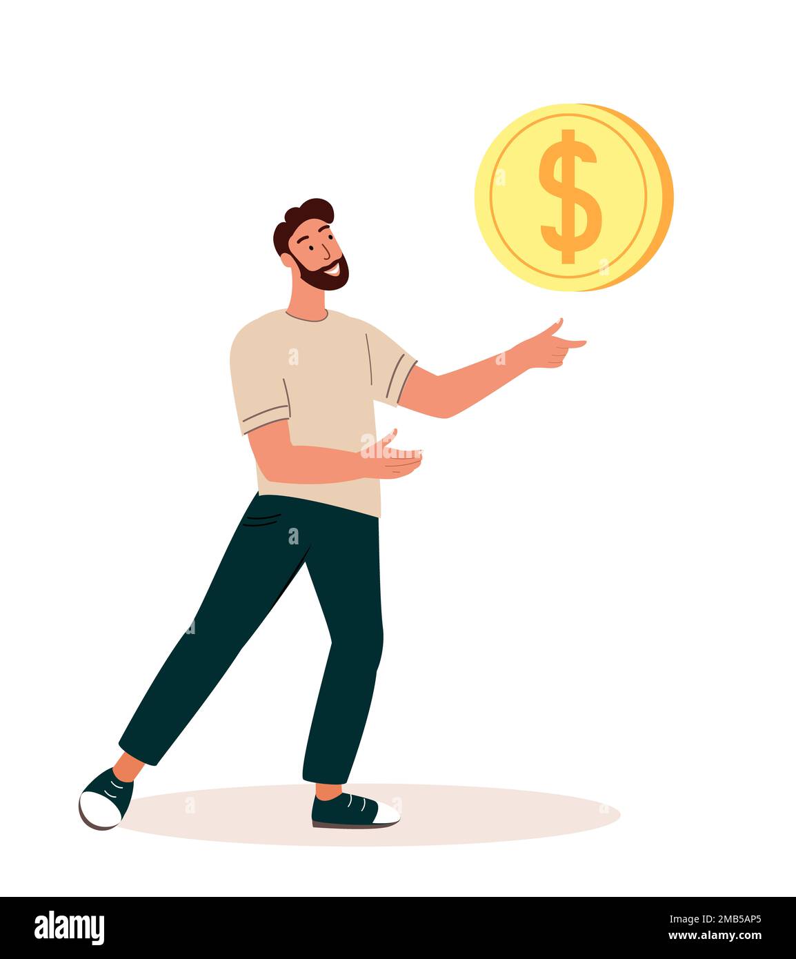 Male Character Shows Gold Dollar Coin. Online Payment, Electronic ...