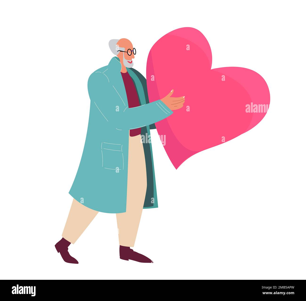 Happy Valentine Day Surprise. Old Retired Senior Man holding Huge Heart ...