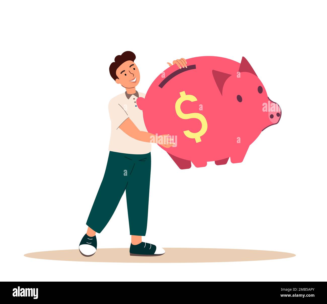 Little Boy Holding Huge Piggy Bank in Hands. Child Character Collect ...
