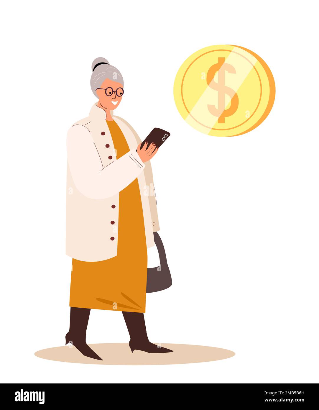Retired Old Woman Character Look on Smartphone Screen with Dollar Sign ...