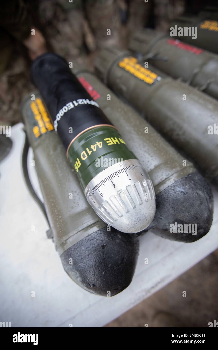 Carl-Gustaf high-explosive rounds lay prepared for familiarization fire ...