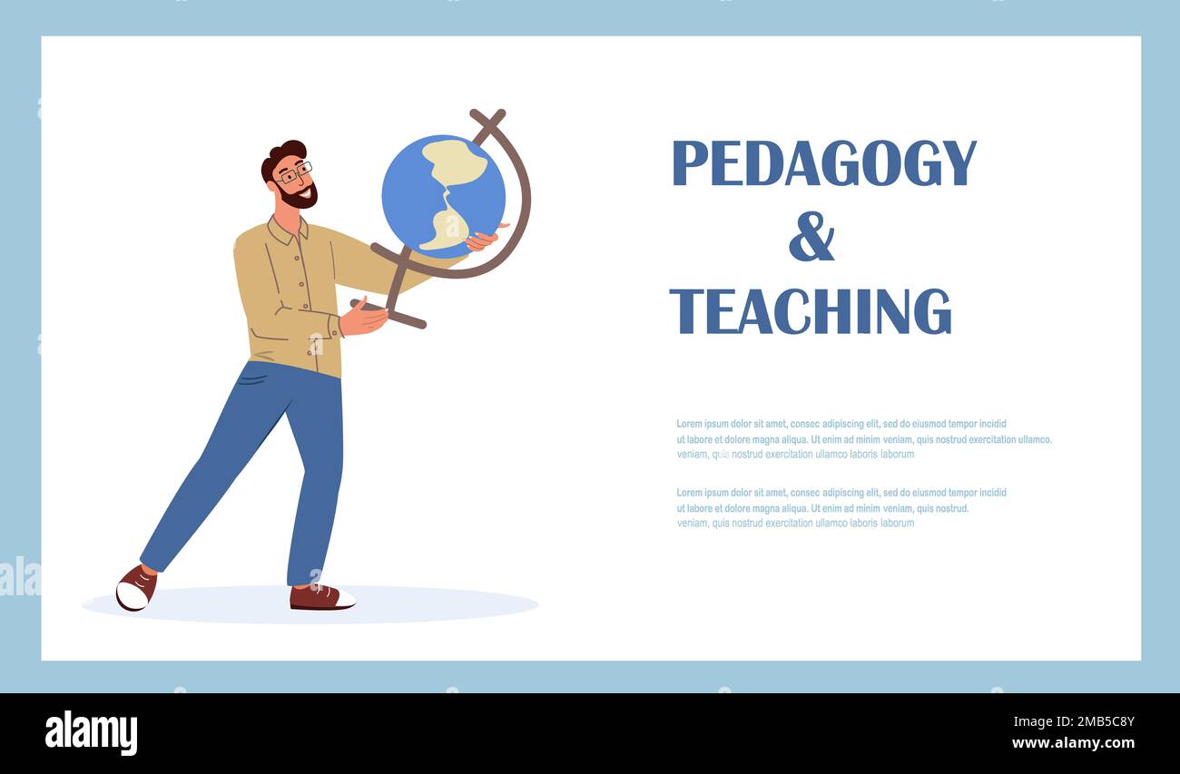 Education Concept Landing Page Template.Teacher with Globe Explain ...