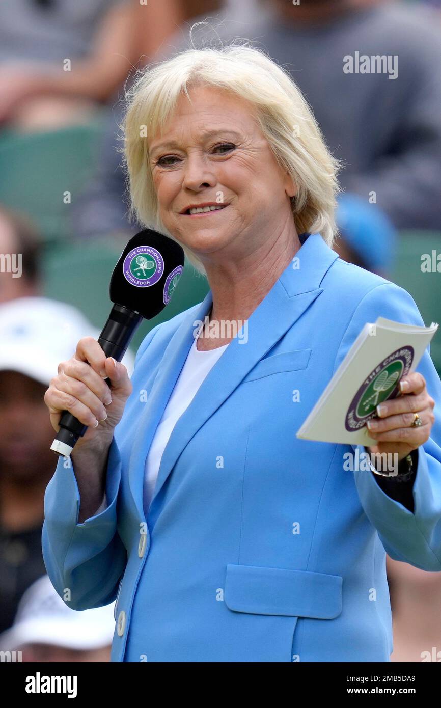 Former tennis player Sue Barker speaks during a 100 years of Centre Court celebration on day ...