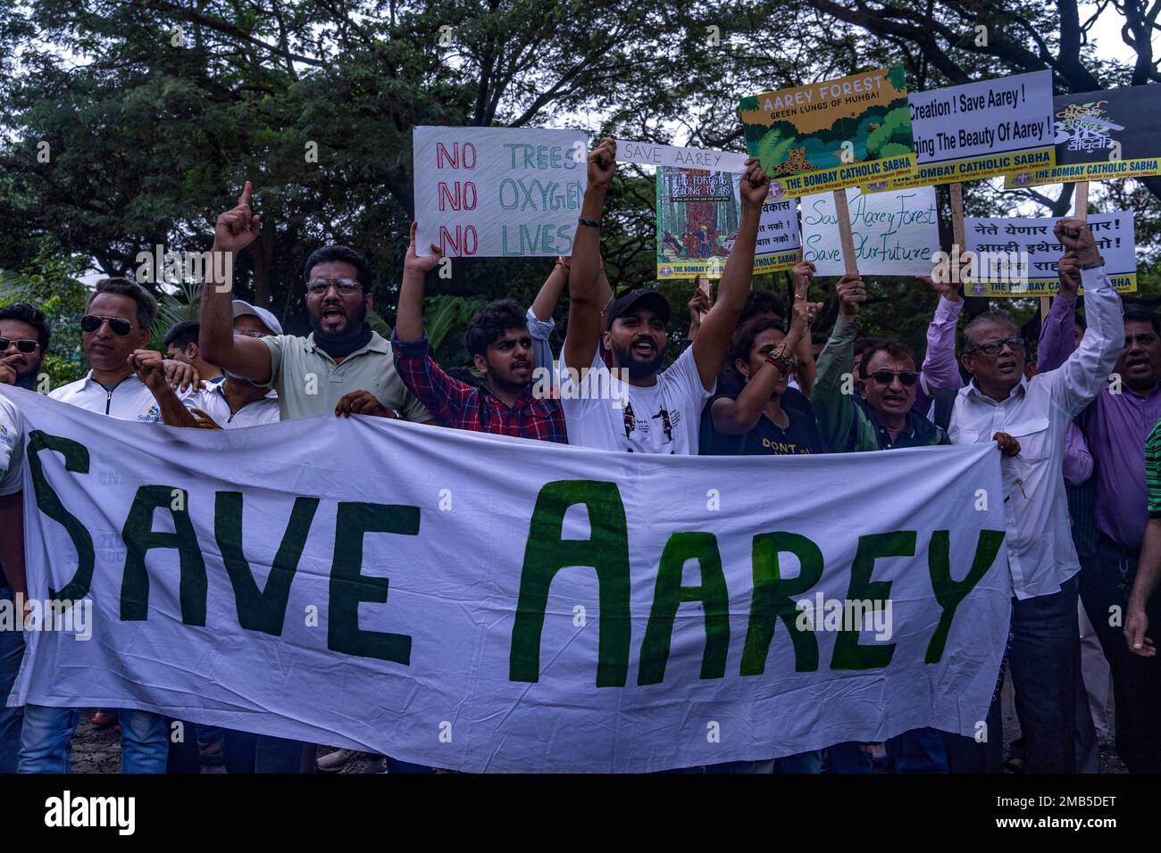People shout slogans during a protest against proposed felling of trees ...